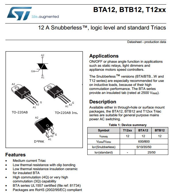BTA12-600B ไตรแอค 600V 12A / 12 A Snubberless™, logic level and ...