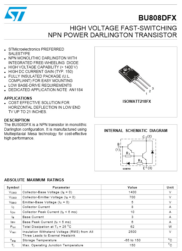 BU808DFX ทรานซิสเตอร์ฮอร์เอ้าพุทดาริ่งตันมีไดโอดแดมป์ 1400V 10A