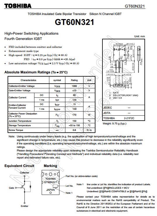 GT60N321 High-Power Switching IGBT 1000V 60A/120A