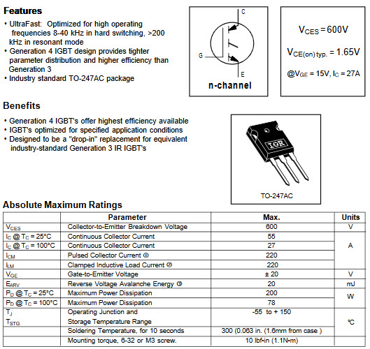 IRG40PC50U Ultrafast Speed 600V 27A/220A